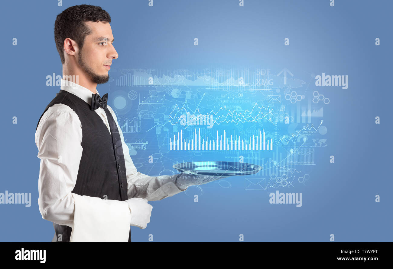 Waiter serving fluctuation concept and charts on a tray Stock Photo - Alamy