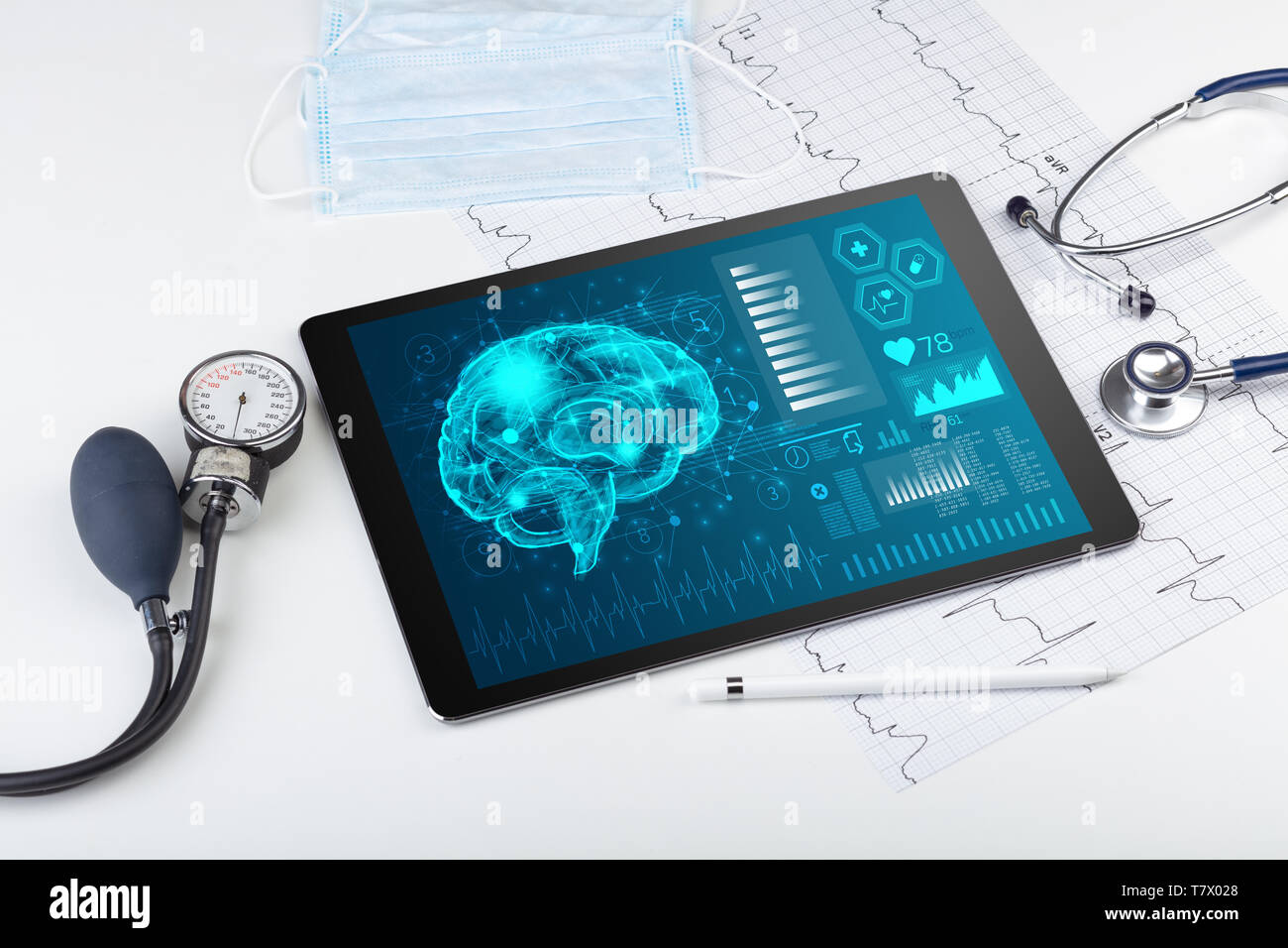 Brain functionality report with medical devices around Stock Photo - Alamy