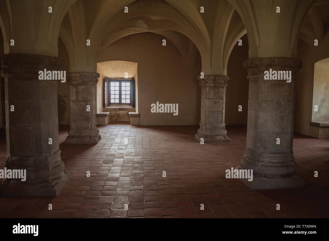 Internal hall with thick columns and ceiling at the Castle of ...