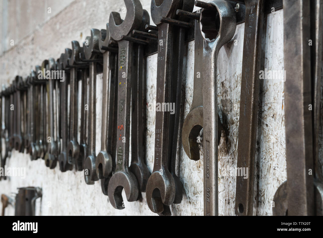 Spanners hanging on the wall in the workshops of the engine sheds at ...