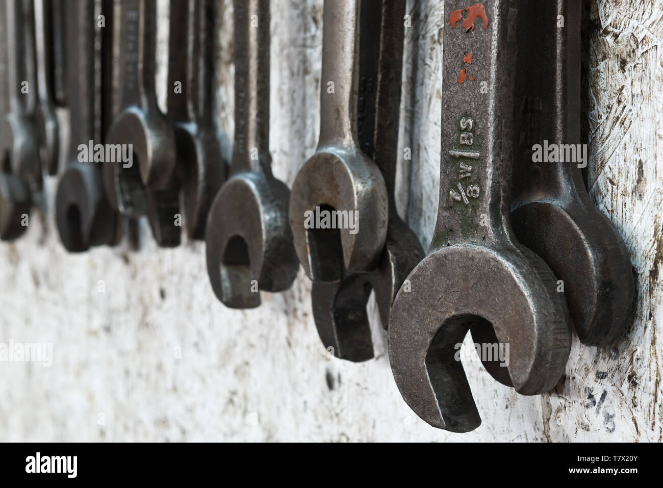 Spanners hanging on the wall in the workshops of the engine sheds at ...