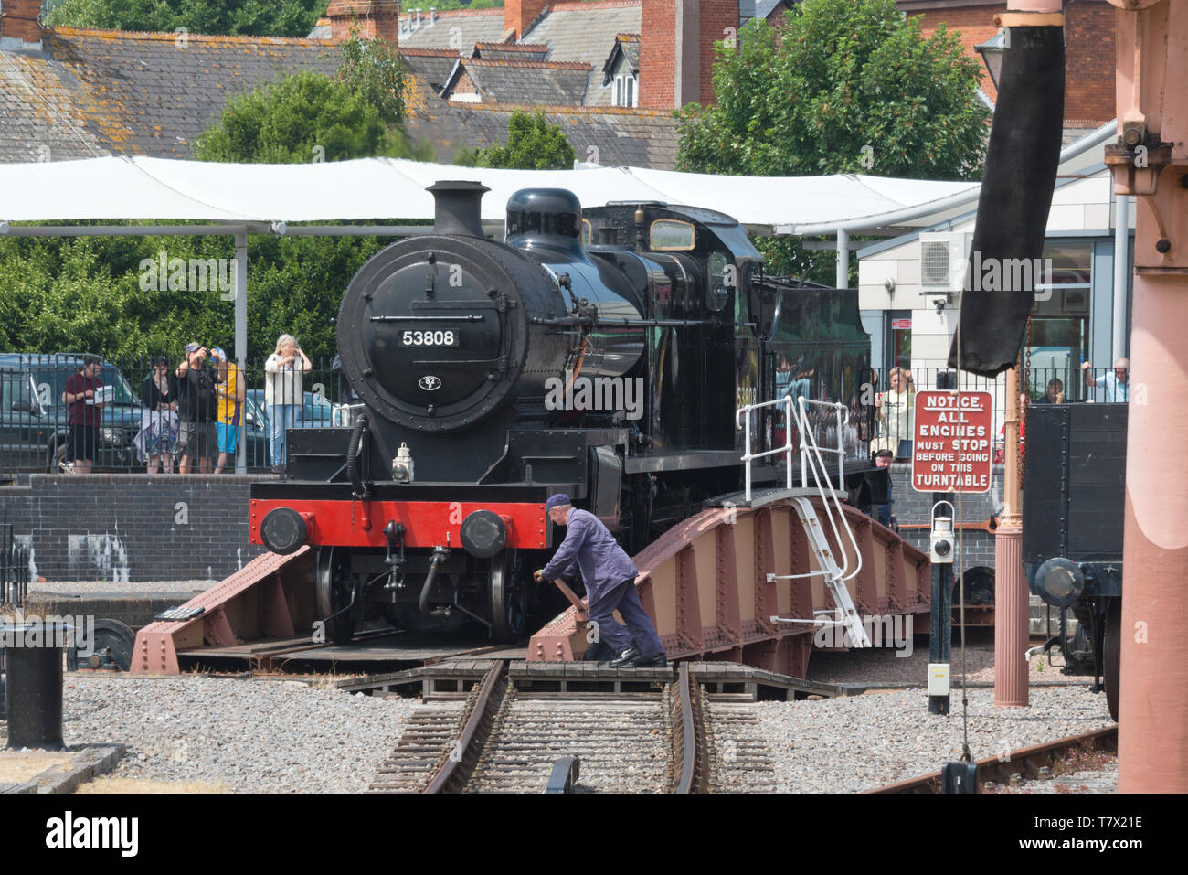Steam locomotive 53808, 2-8-0, a heavy freight train, at the turntable at Minehead station on ...