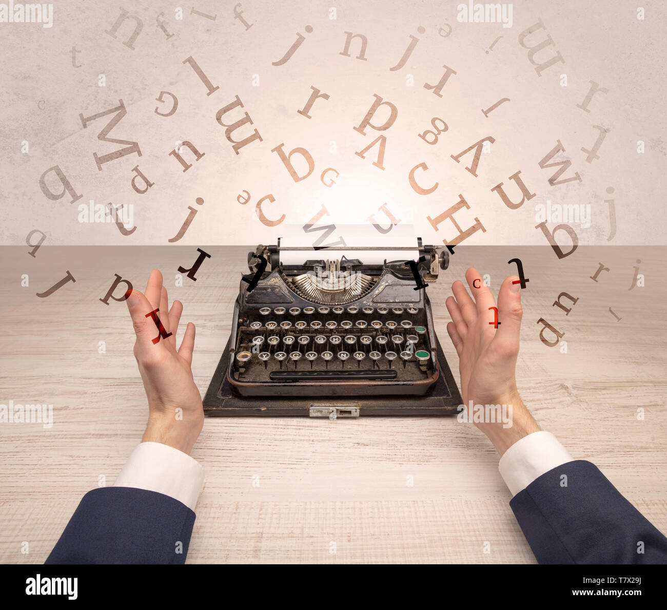 First person perspective elegant hand writing on typewriter with flying ...
