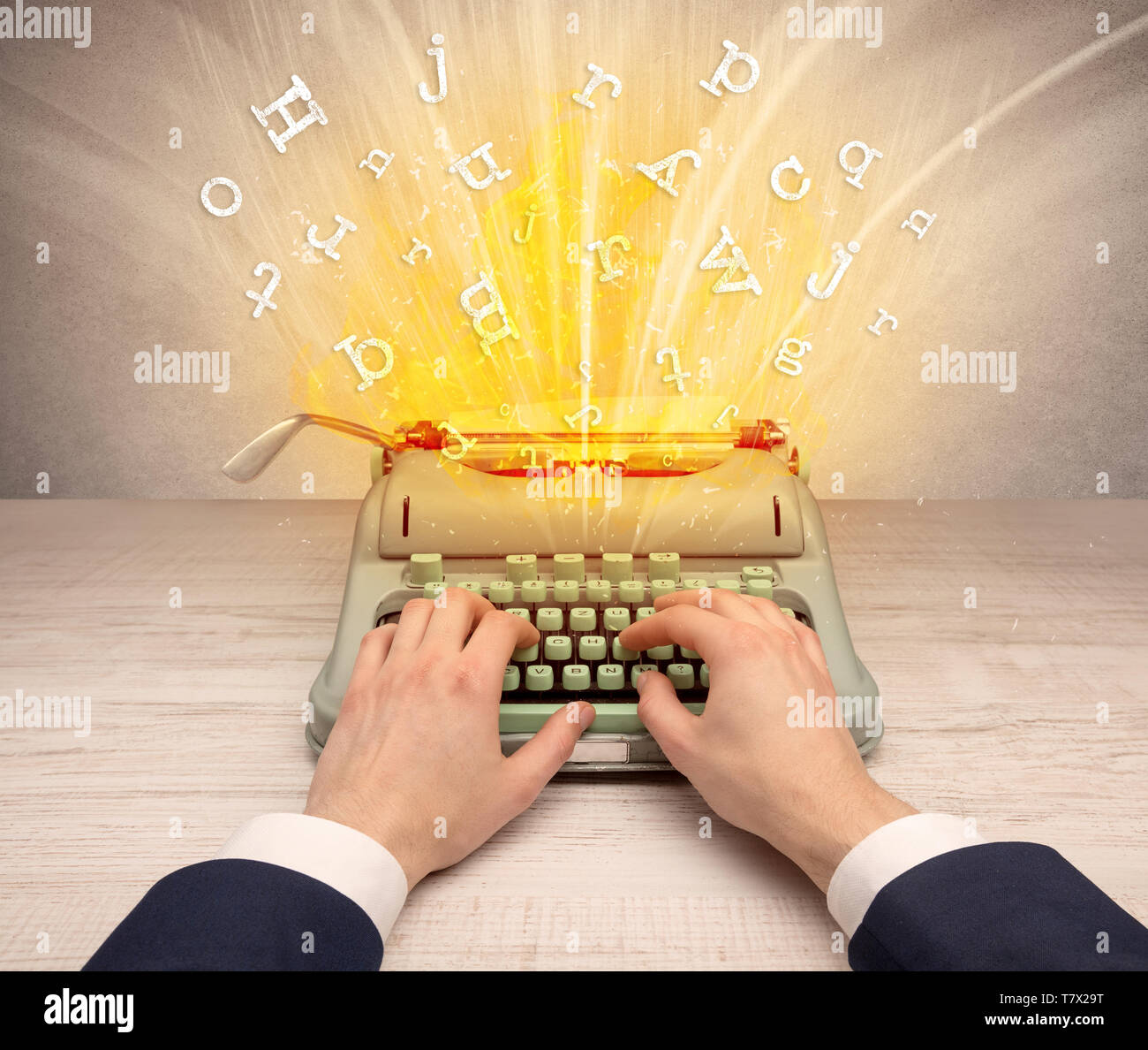 First person perspective image with exploding letters from a vintage ...