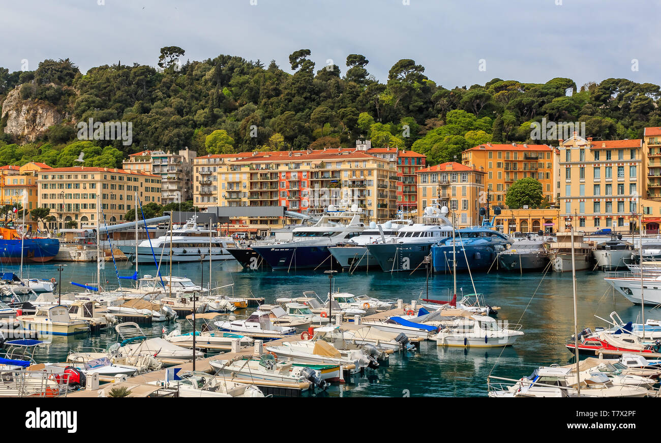 Panoramic view of boats in the marina and waterfront buildings in Nice ...