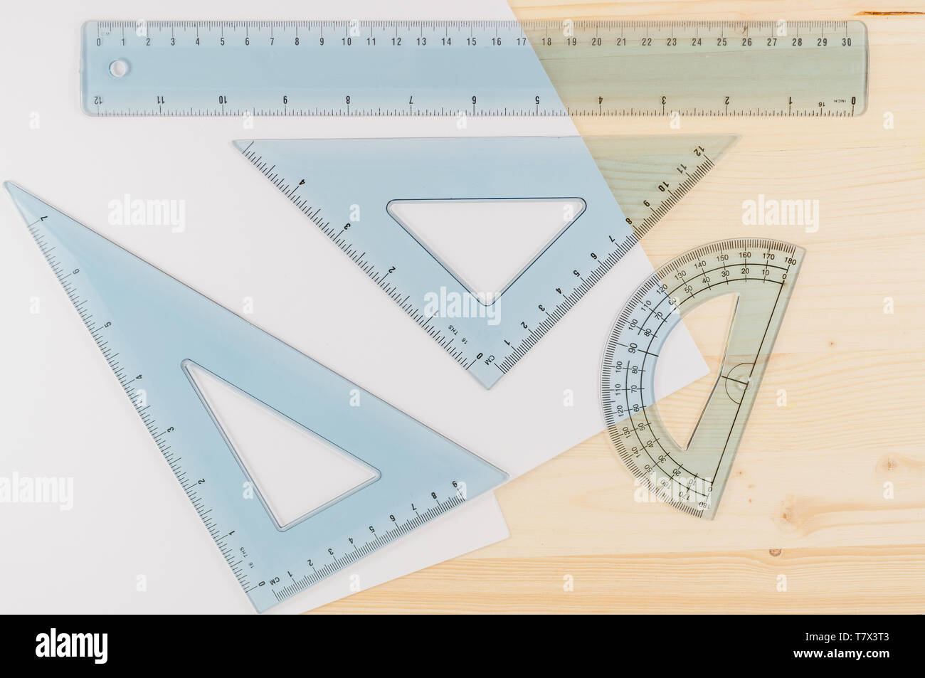 Ruler Combo Set. Ruler, Protractor, Triangle, Top View, Close Up Stock ...