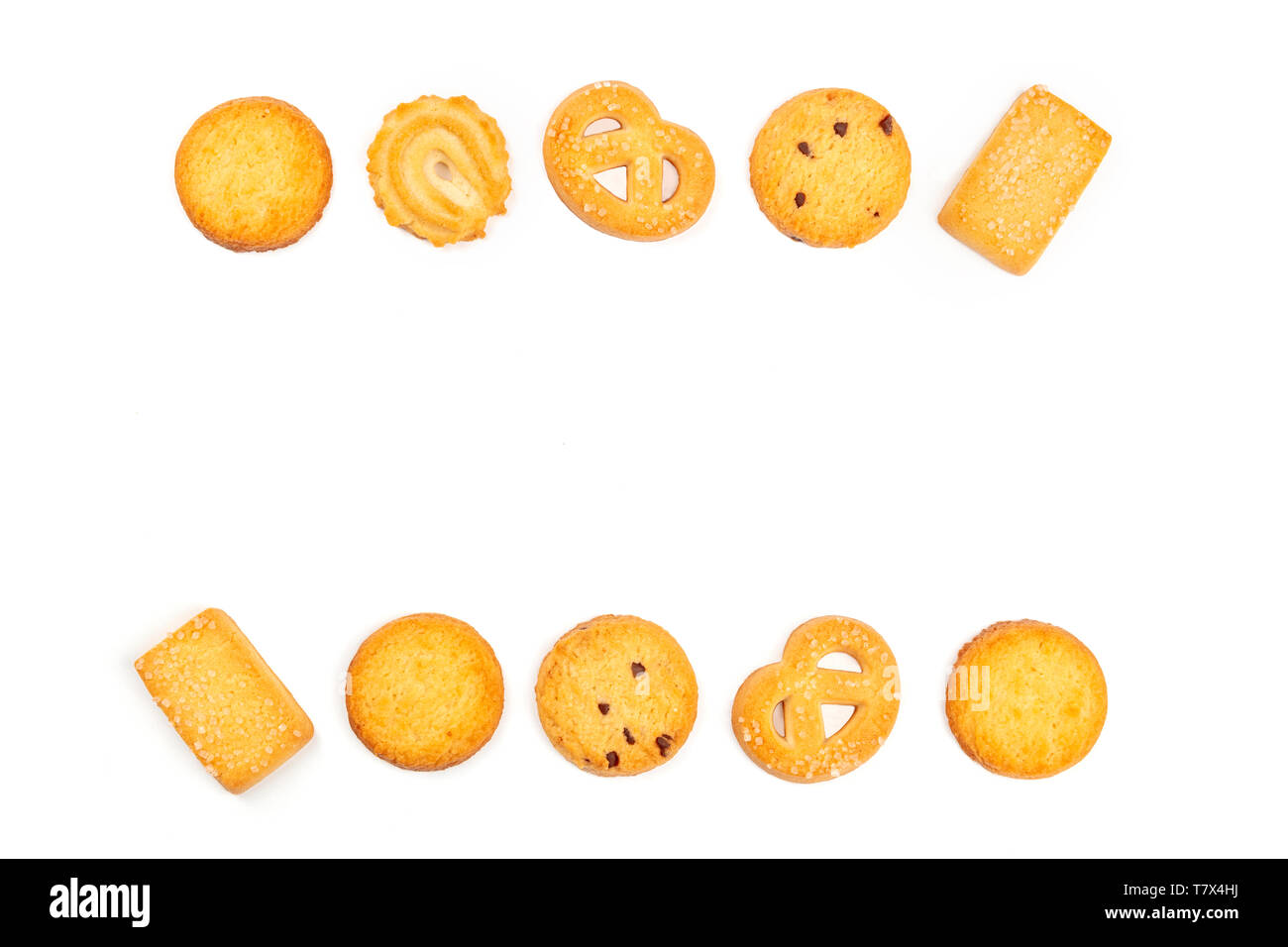 Danish butter cookies, shot from above on a white background, forming a ...
