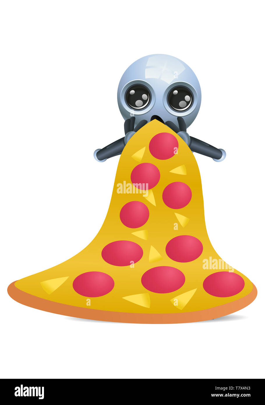 illustration of a little robot eating giant pizza on isolated white ...