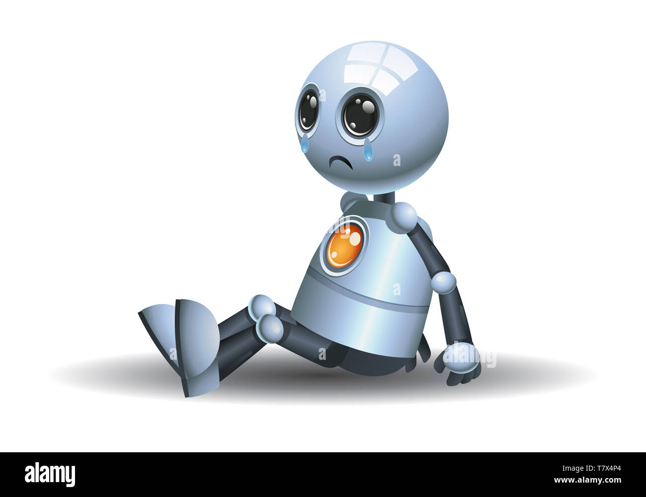 illustration of a little robot crying sit on floor on isolated white background Stock Photo - Alamy