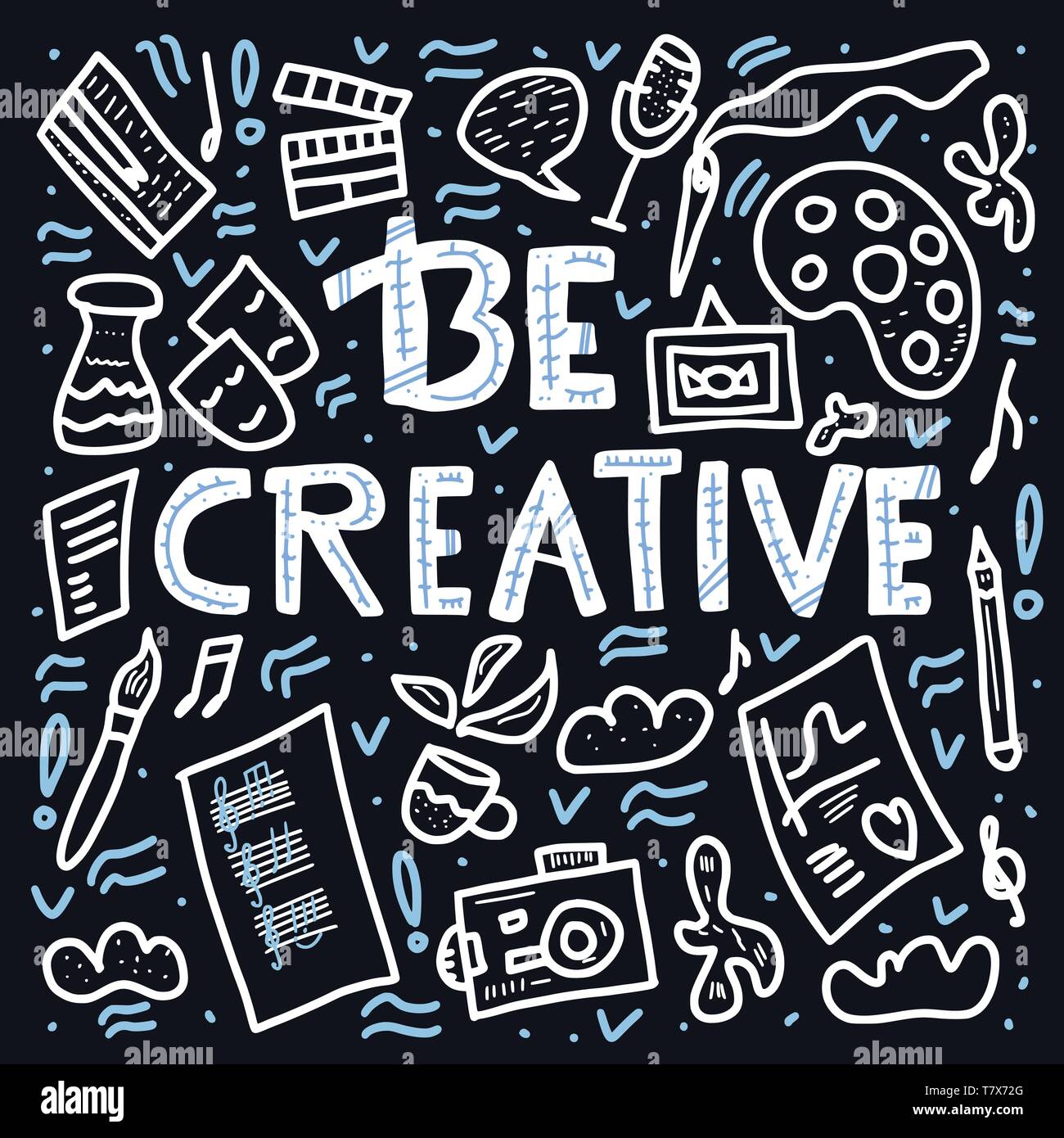 Be creative concept. Lettering with art symbols. Handwritten quote ...