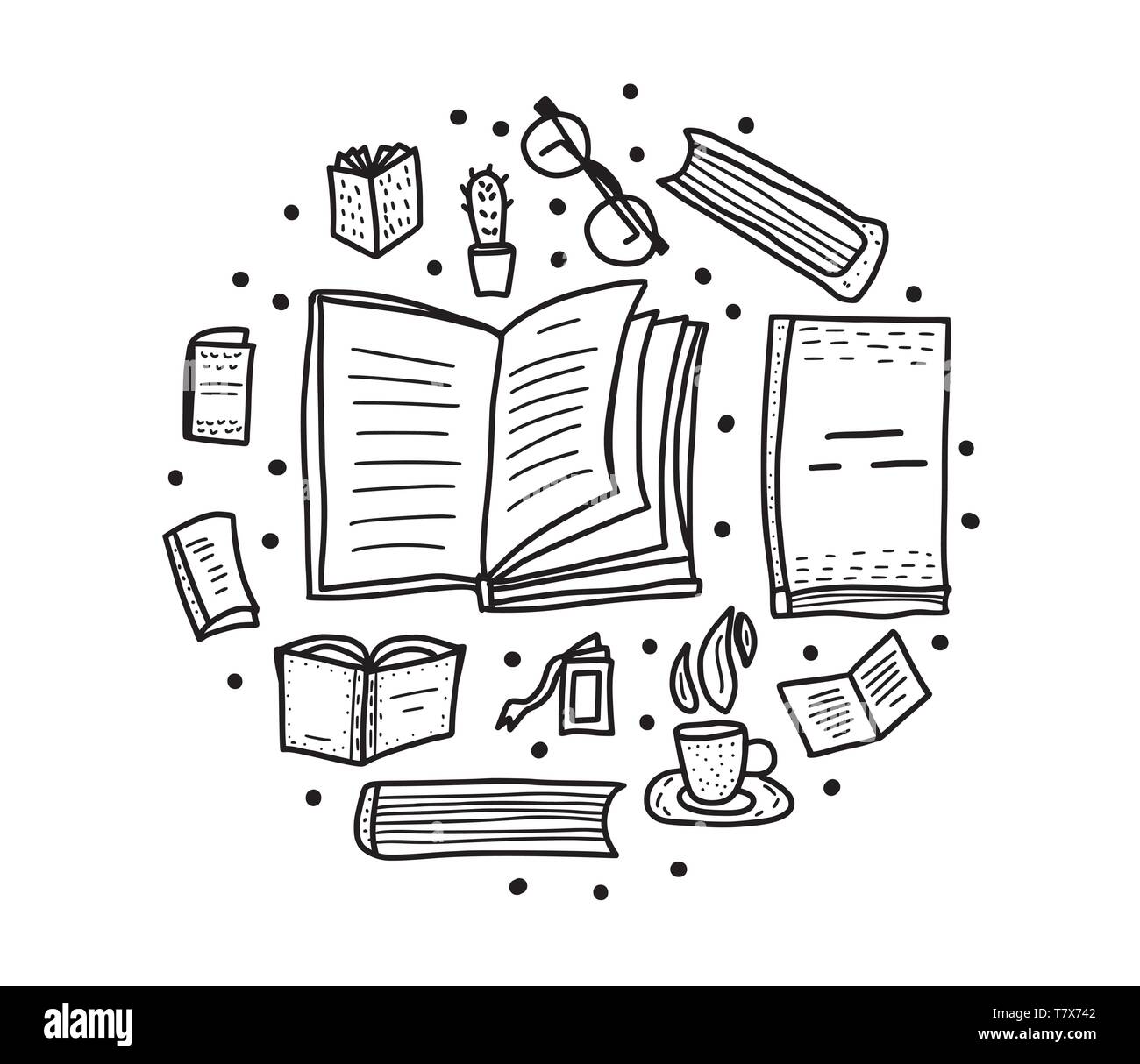 Book set in doodle style. Round badge with symbols of reading. Vector ...