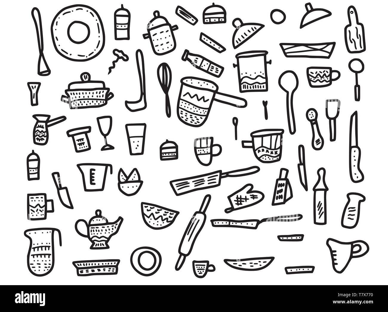 Set of vector kitchen equipments in doodle style. Collection of kitchen ...