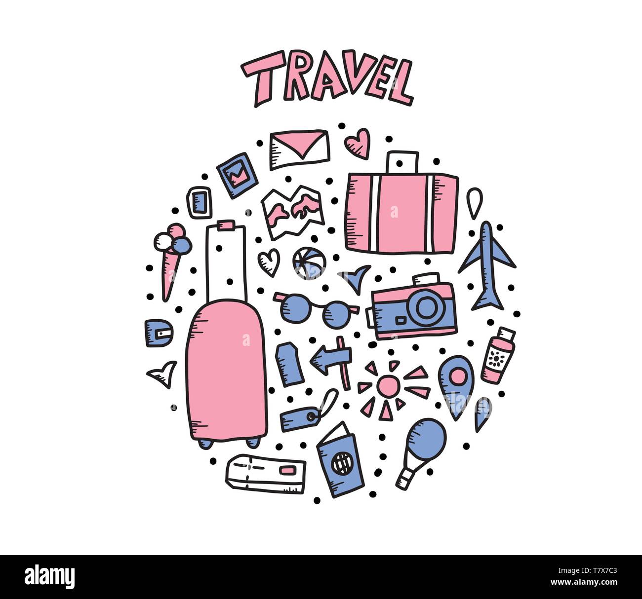 Round badge of travel symbols in doodle style. Hand drawn vector trip ...