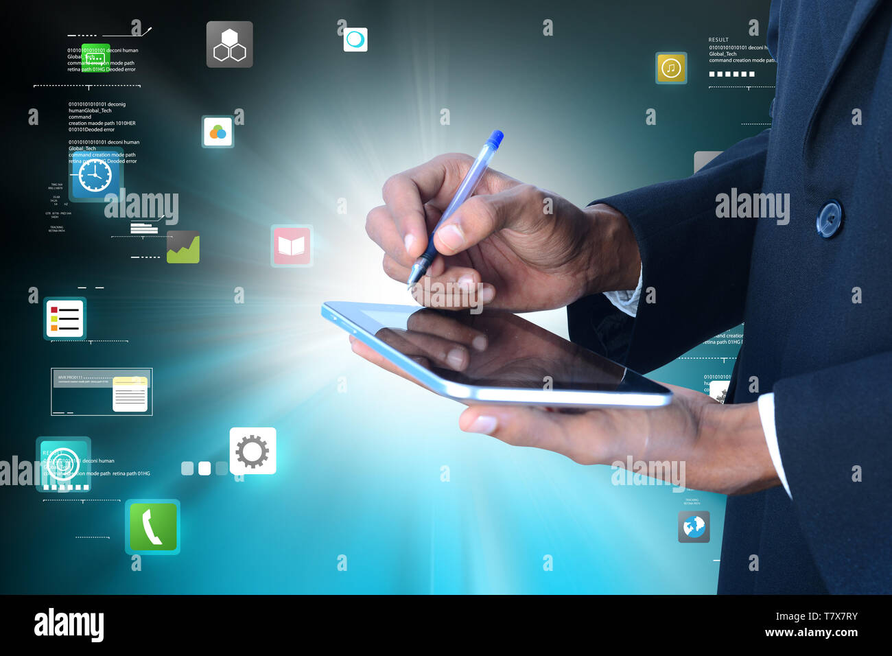 Man hand showing touch screen Stock Photo - Alamy