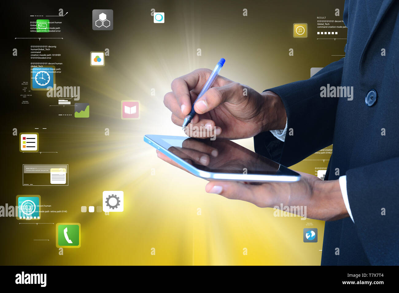 Man hand showing touch screen Stock Photo - Alamy