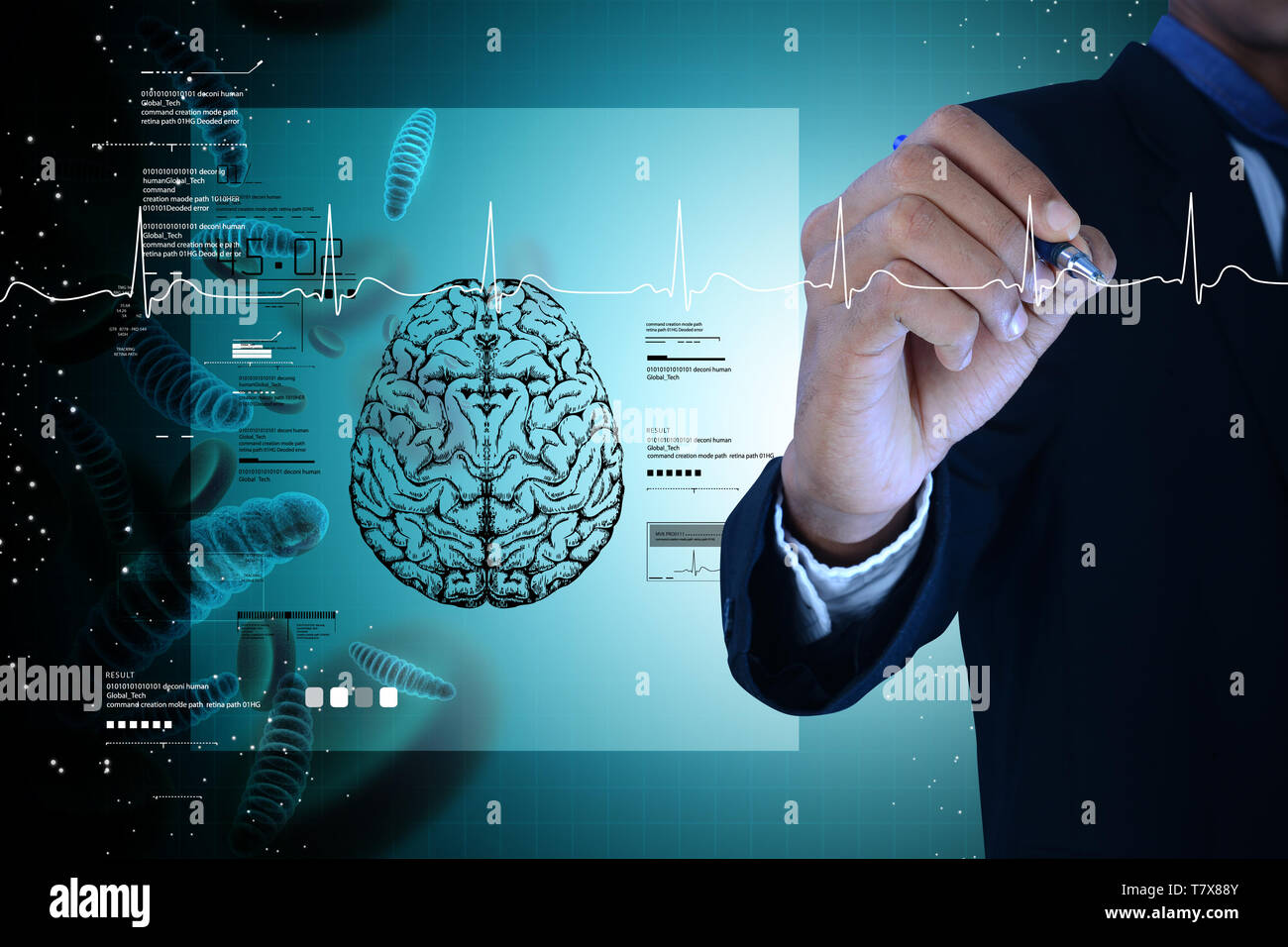 Man showing brain with a heart beat sign Stock Photo - Alamy