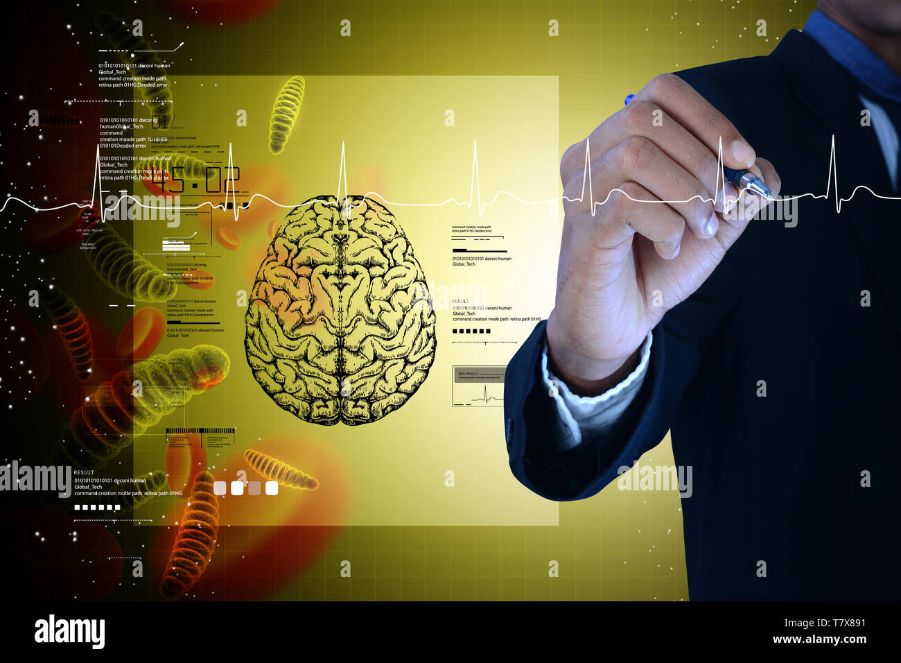 Man showing brain with a heart beat sign Stock Photo - Alamy