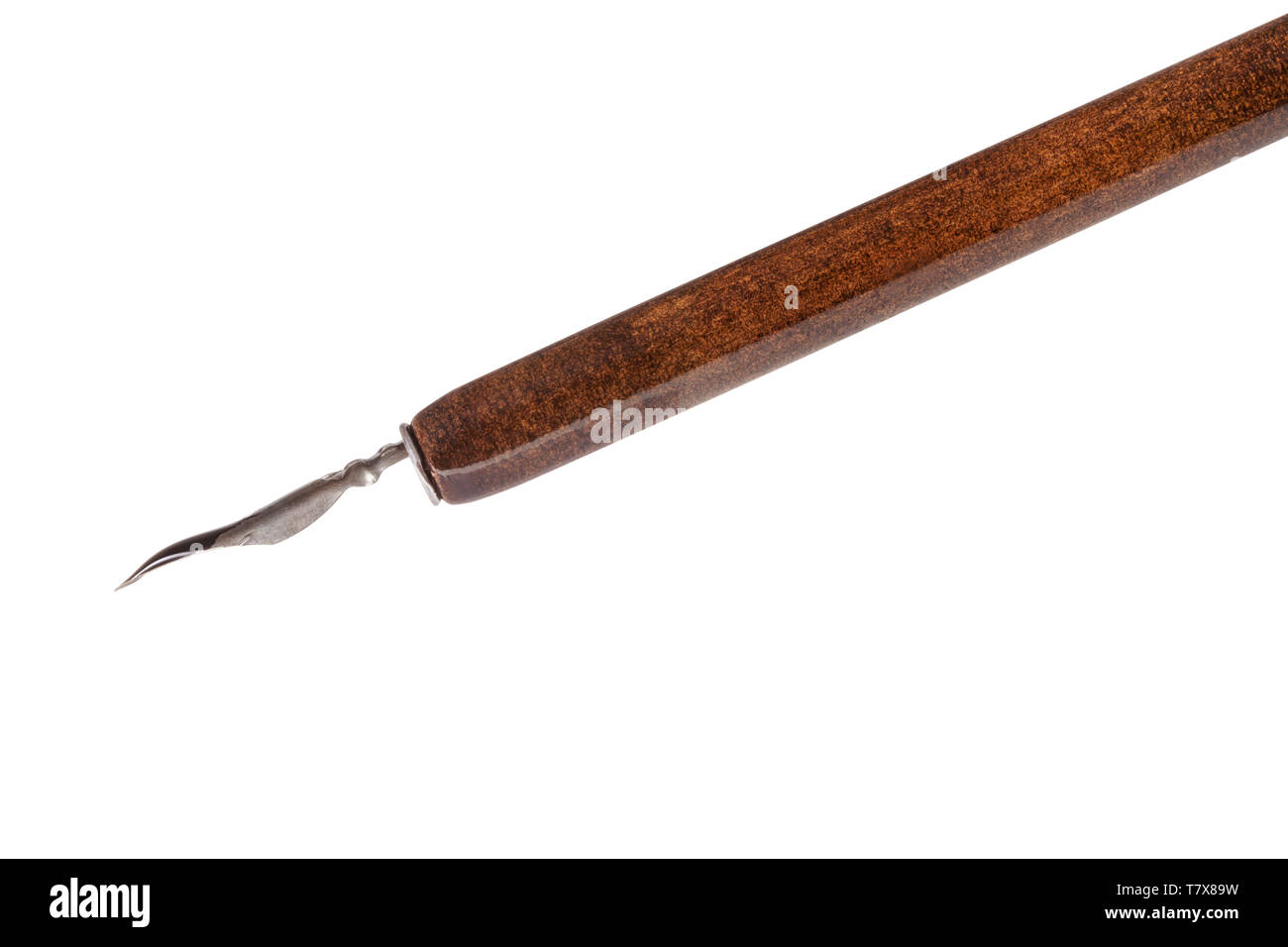 side view of nib covered by black ink in brown dip pen close up ...