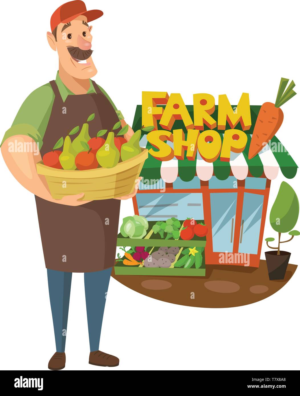Vector farmer character design with farm market and vegetables and ...