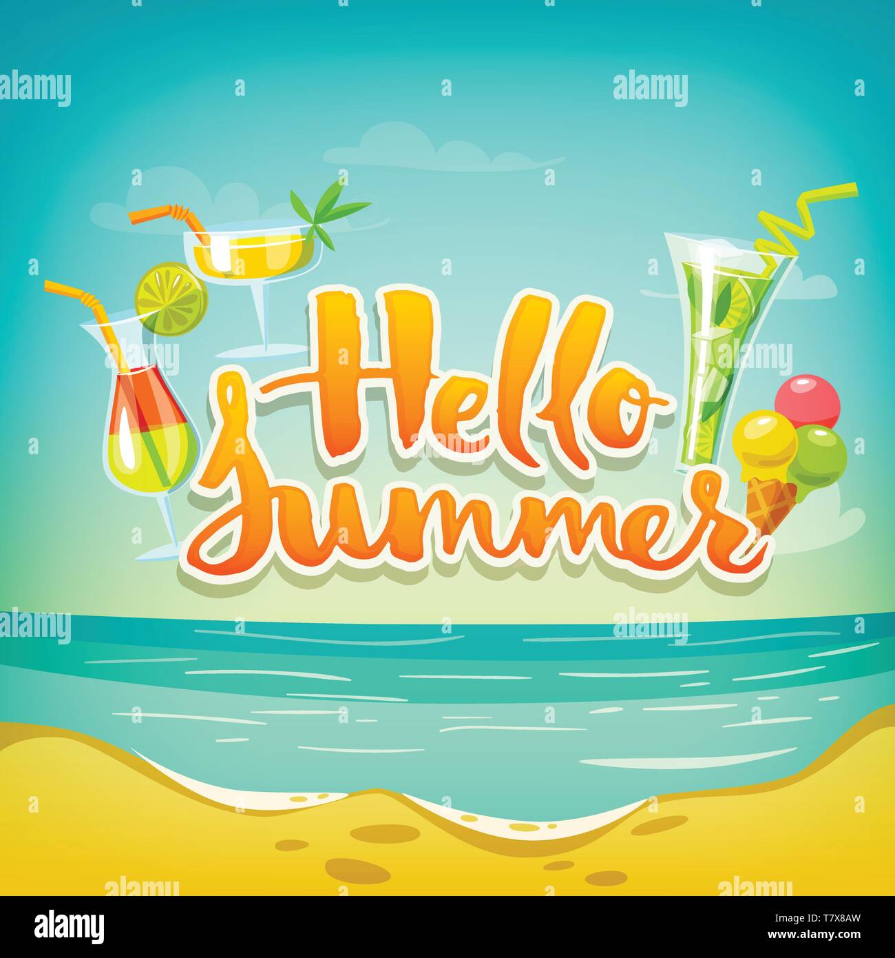 Hello summer vector design or banner with cocktails and ocean landscape ...
