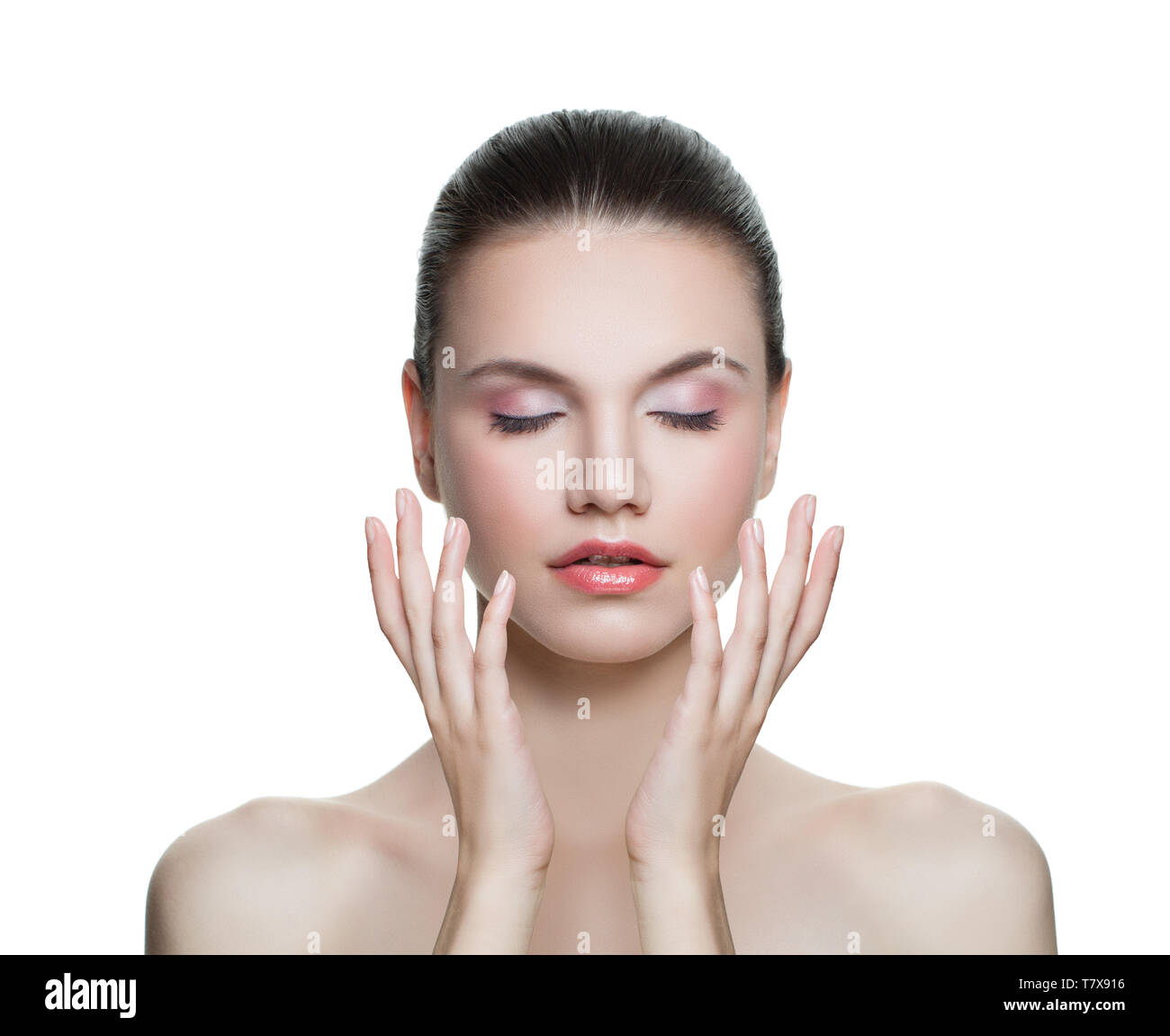 Portrait of cute young woman with clear skin isolated. Skincare and ...