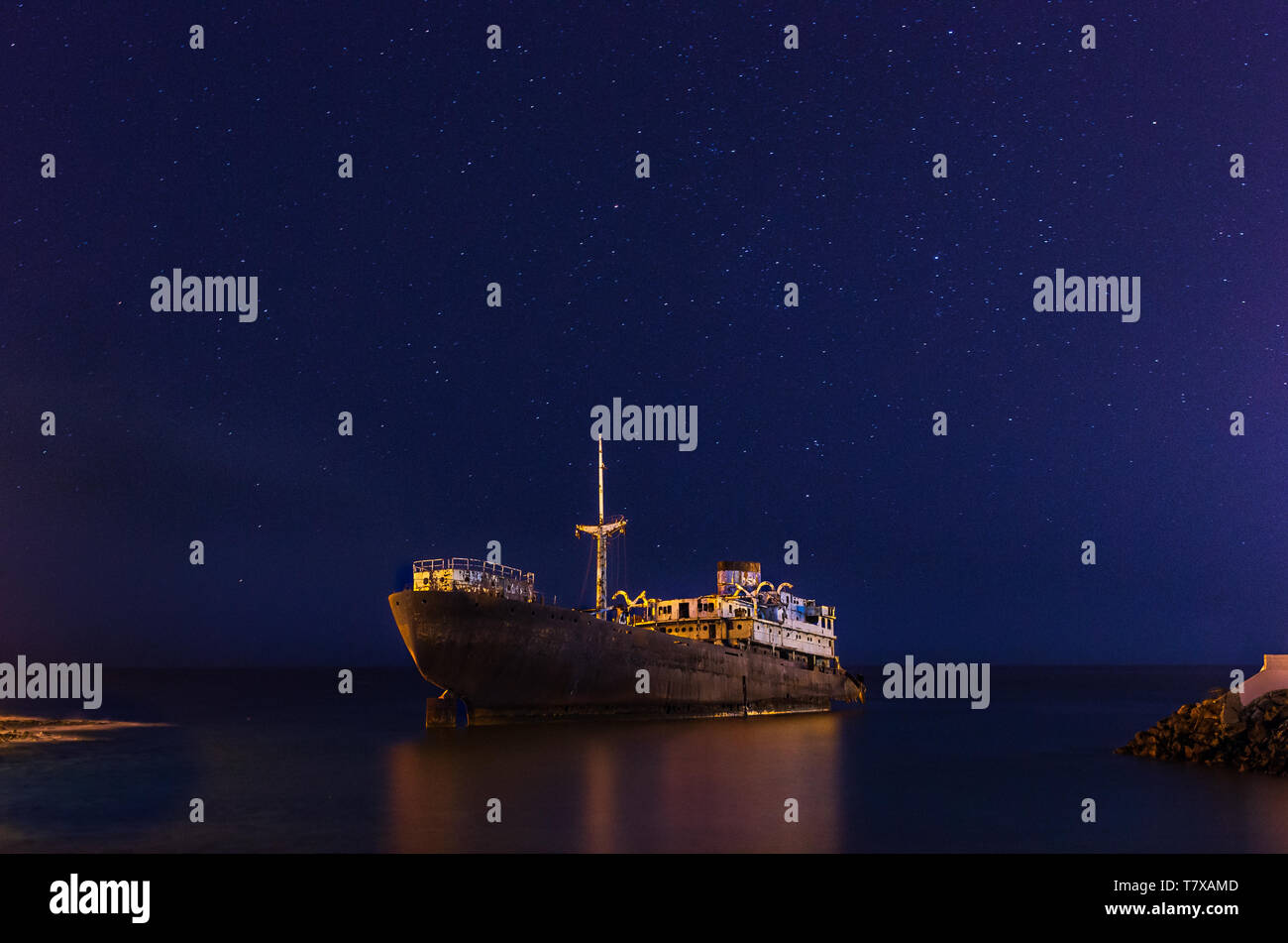 Night view of "Temple Hall" Ship wreck near Arrecife, Lanzarote, with a ...