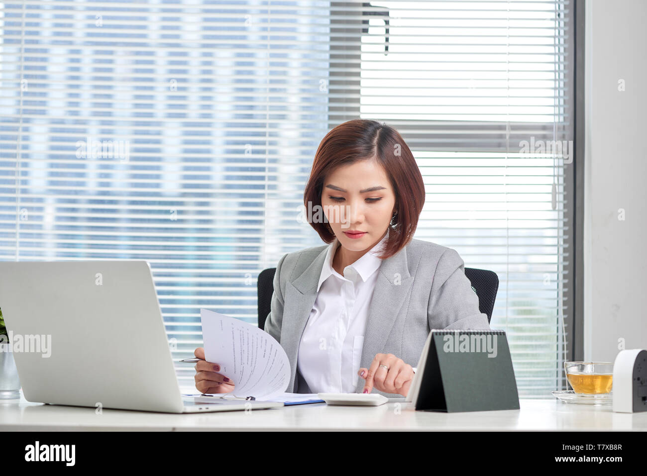 Financial advisor using calculator review financial statement on desk ...