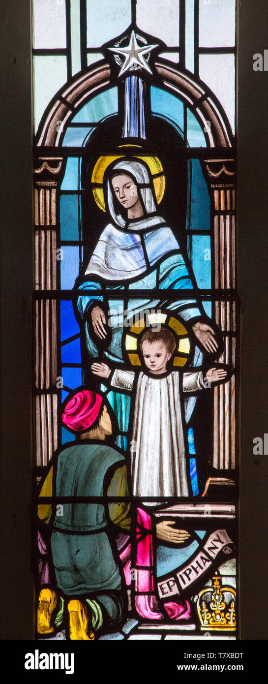 Blessed Virgin Mary and child Jesus detail about Epiphany, stained ...