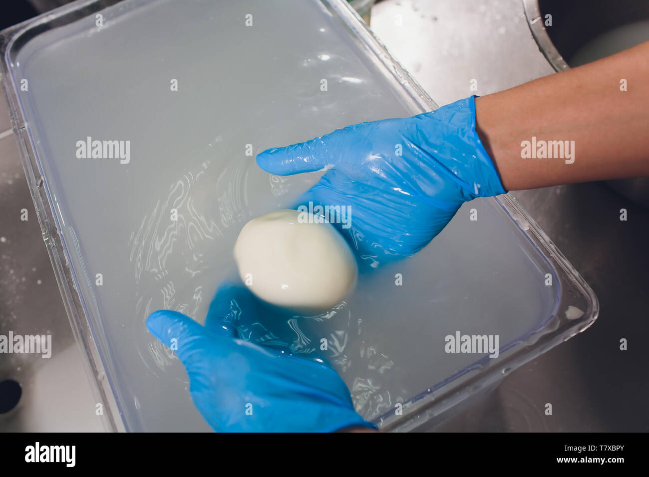 Production process of mozzarella cheese, cheese making process Stock ...