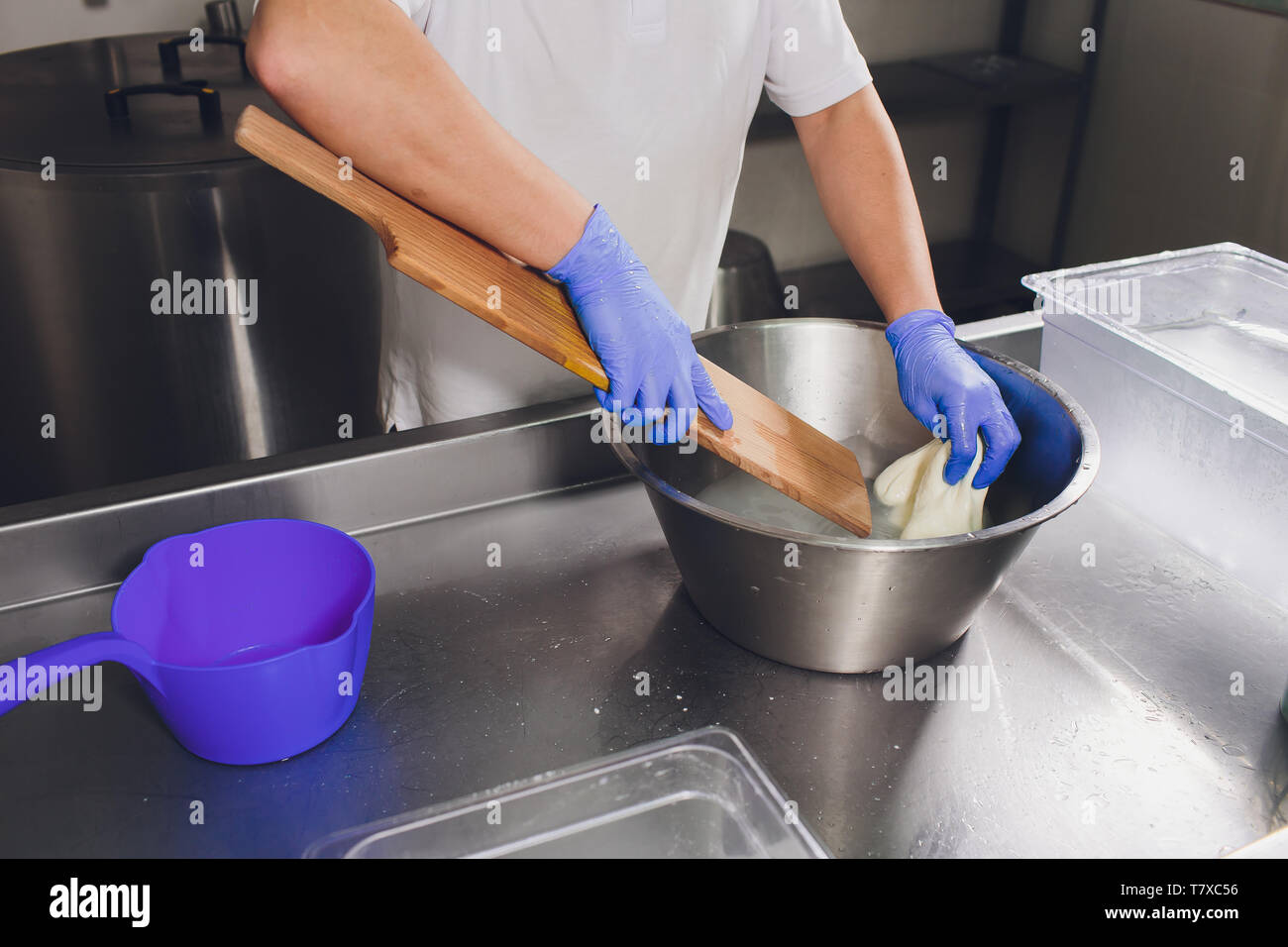 Traditional Cheese Making In A Small Company. Cheese Maker Hands Close ...