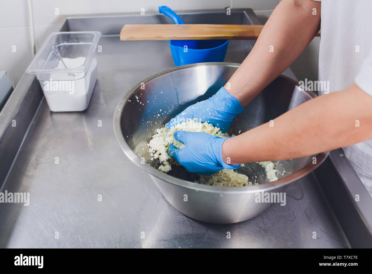 Traditional Cheese Making In A Small Company. Cheese Maker Hands Close ...