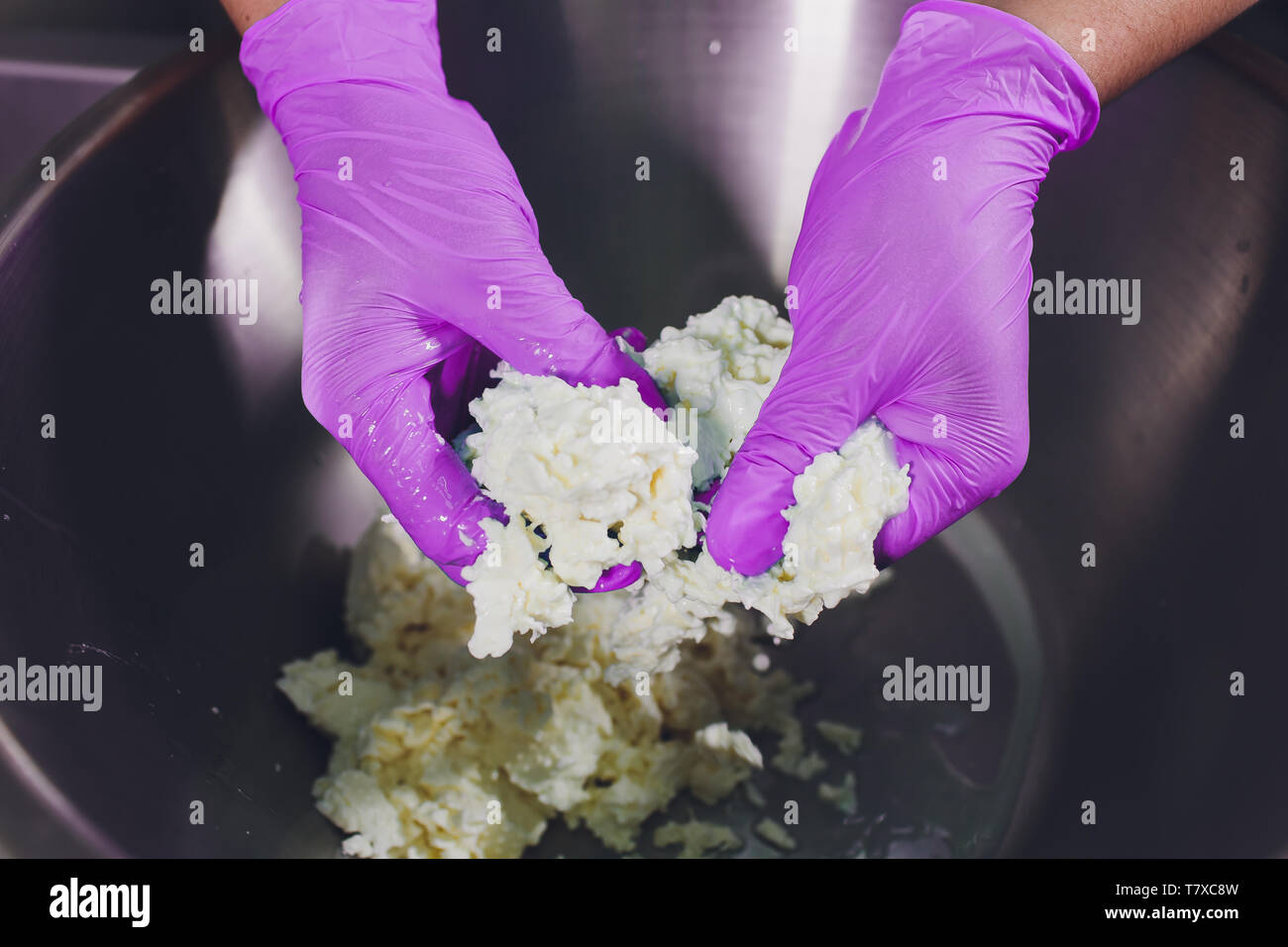 Traditional Cheese Making In A Small Company. Cheese Maker Hands Close ...