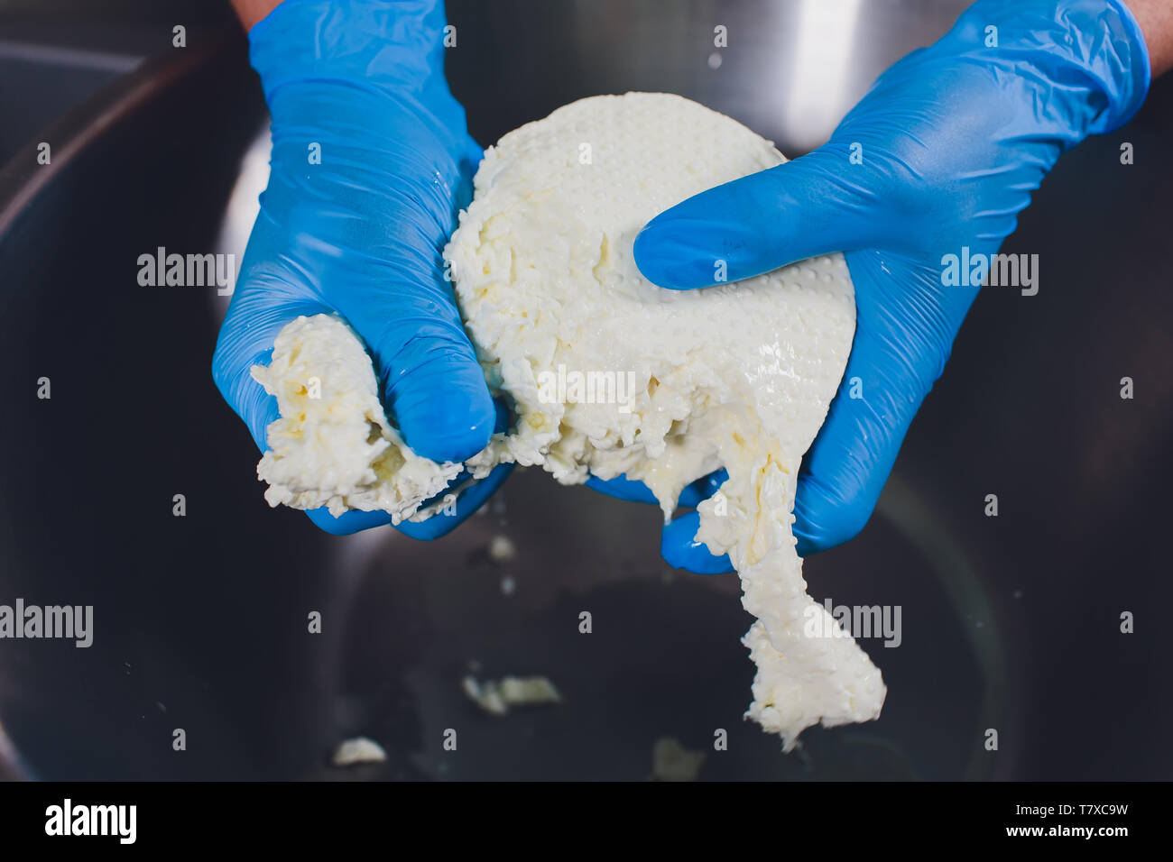 Traditional Cheese Making In A Small Company. Cheese Maker Hands Close ...