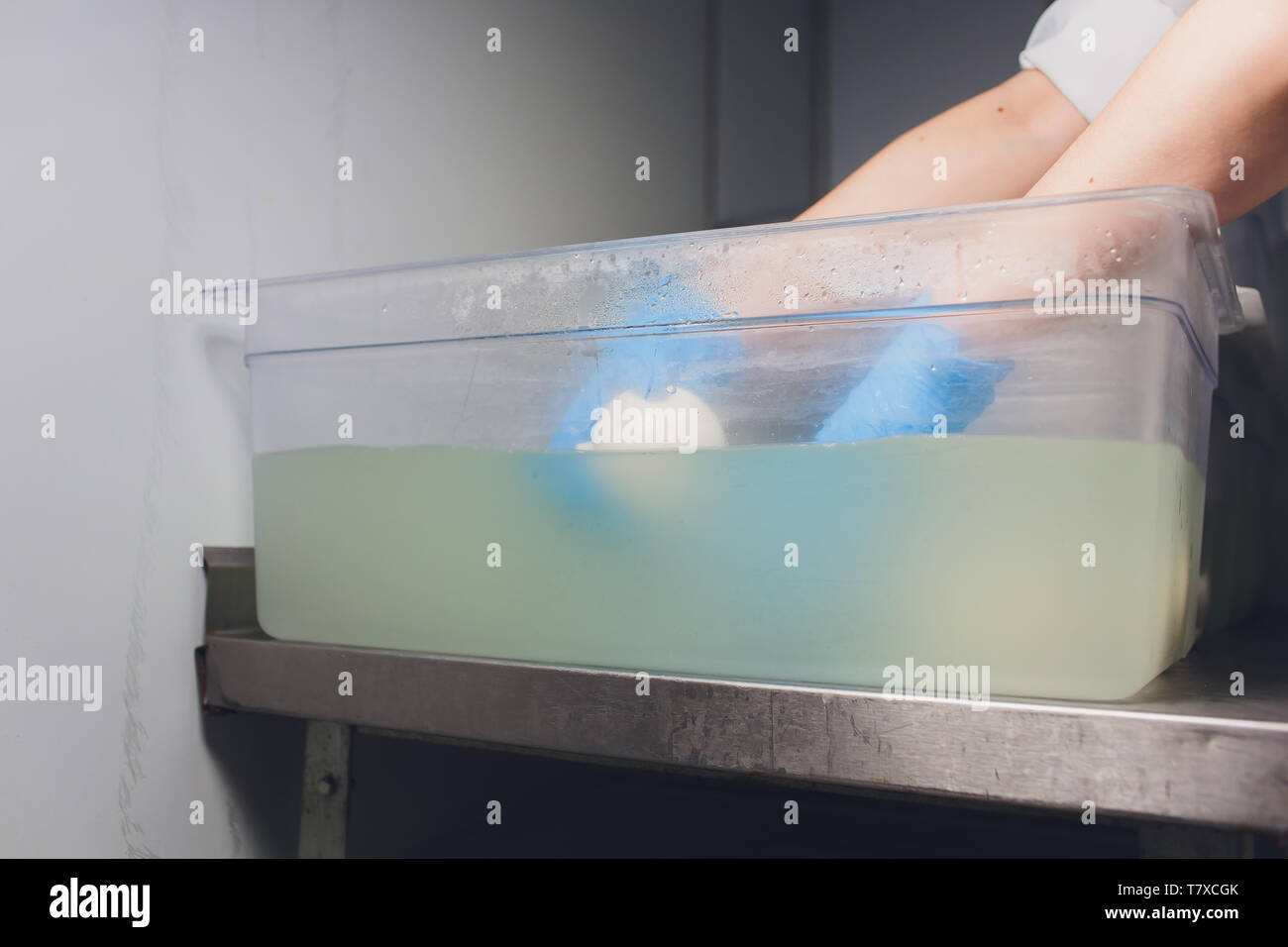 Production process of mozzarella cheese, cheese making process Stock ...