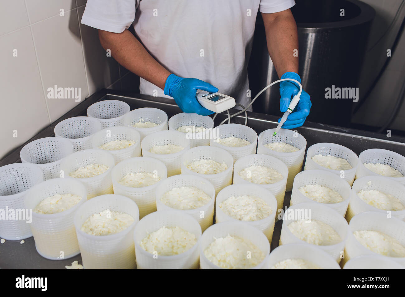 Close-up of a man forming cheese into the plastic molds at the small ...