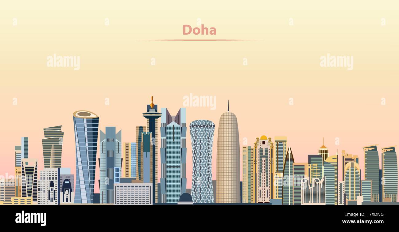vector illustration of Doha city skyline at sunrise Stock Vector Image ...