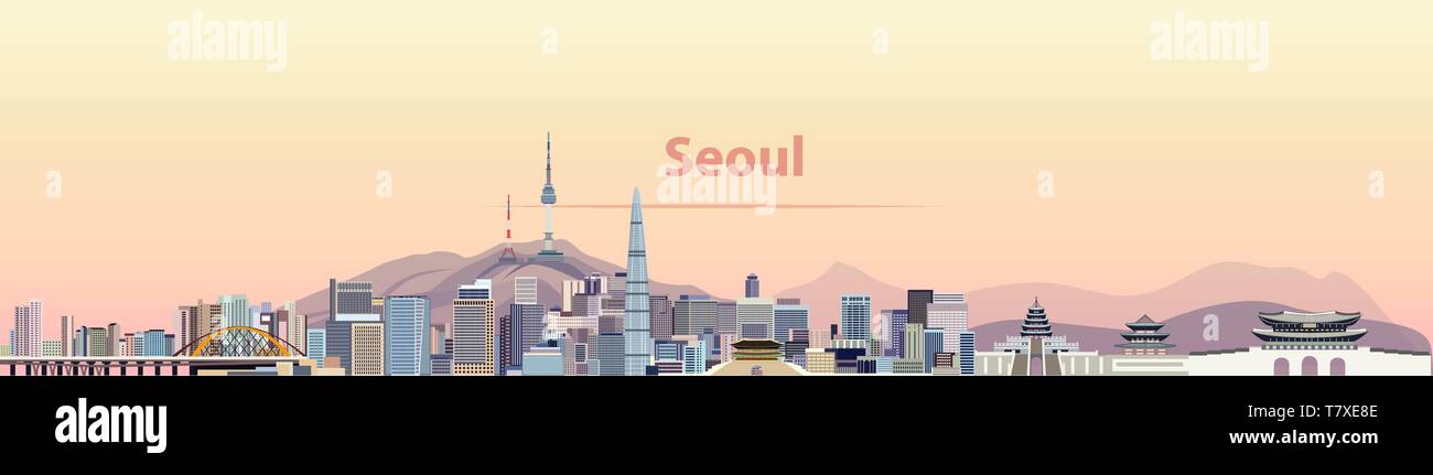 vector illustration of Seoul city skyline at sunrise Stock Vector Image ...
