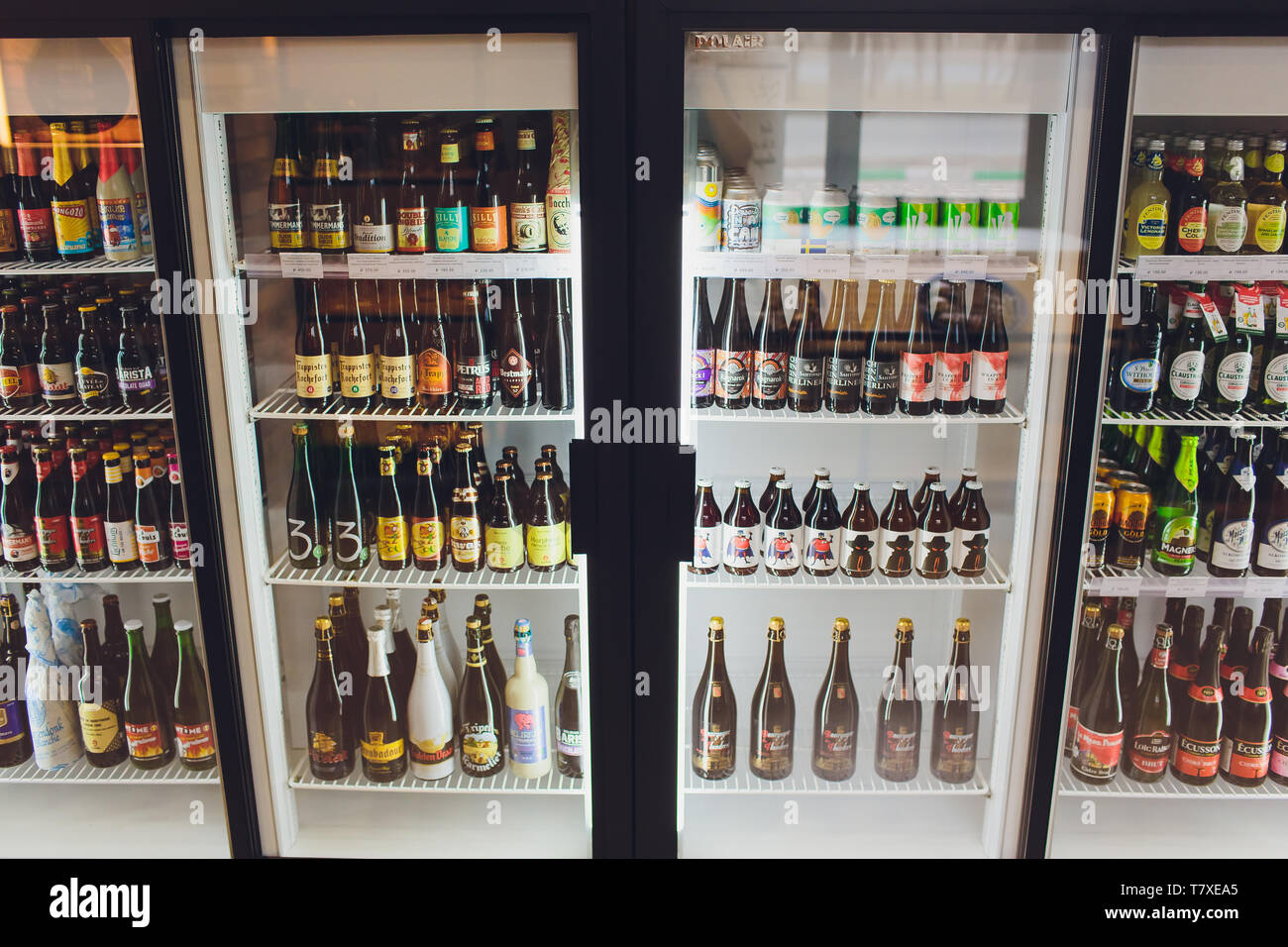 UFA, RUSSIA 5, 2018: Various bottles of craft, microbrew, IPA, domestic ...