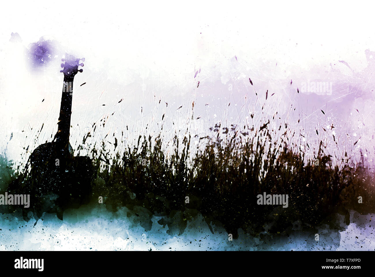 Abstract Acoustic Guitar in the foreground Close up on Watercolor ...