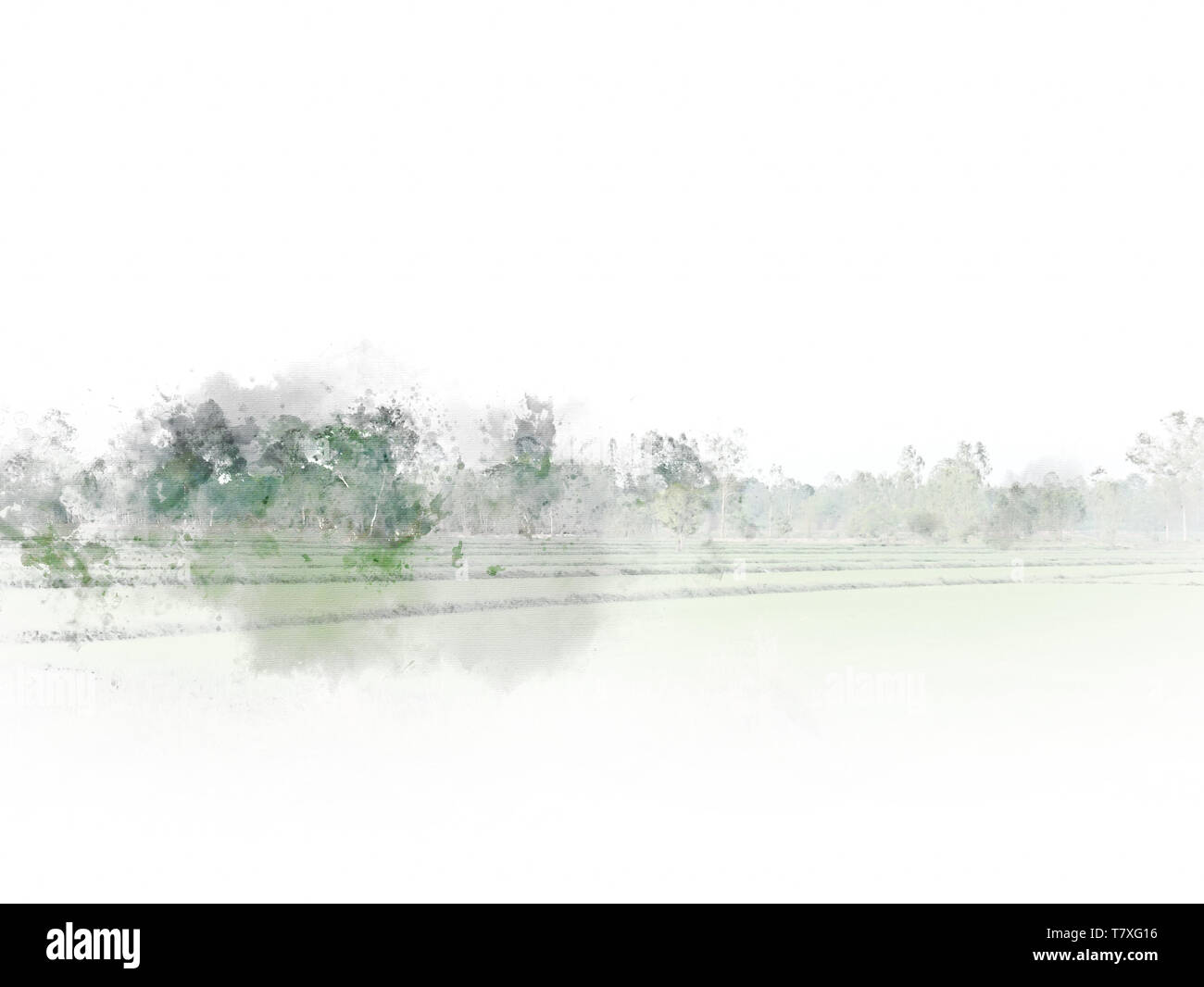 Abstract tree and field landscape on watercolor illustration painting ...
