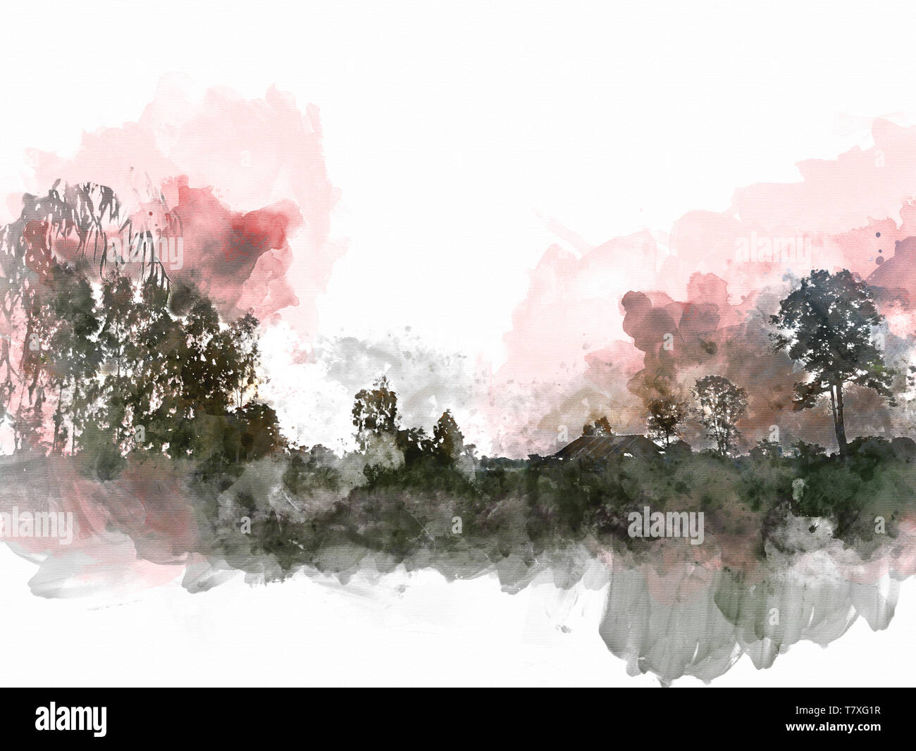 Abstract colorful shape on tree and field landscape watercolor ...