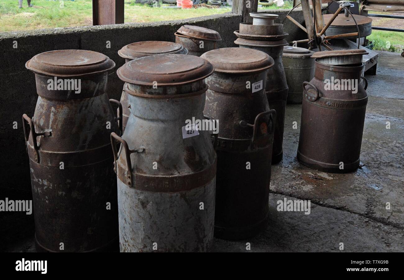 Old rusty milk churns at a farm sale of vintage farm machinery and ...