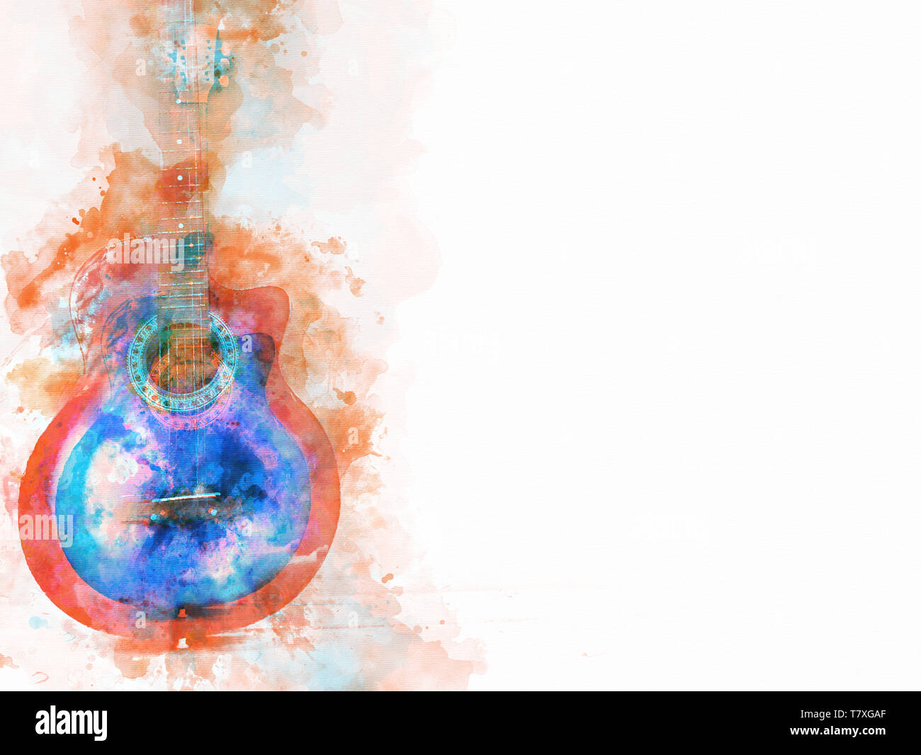 Abstract beautiful acoustic guitar in the foreground on Watercolor ...