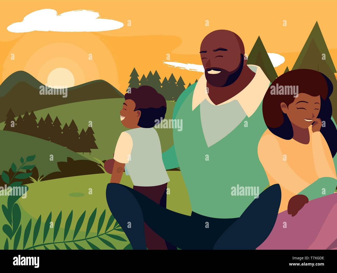 parents with children family in day landscape vector illustration ...