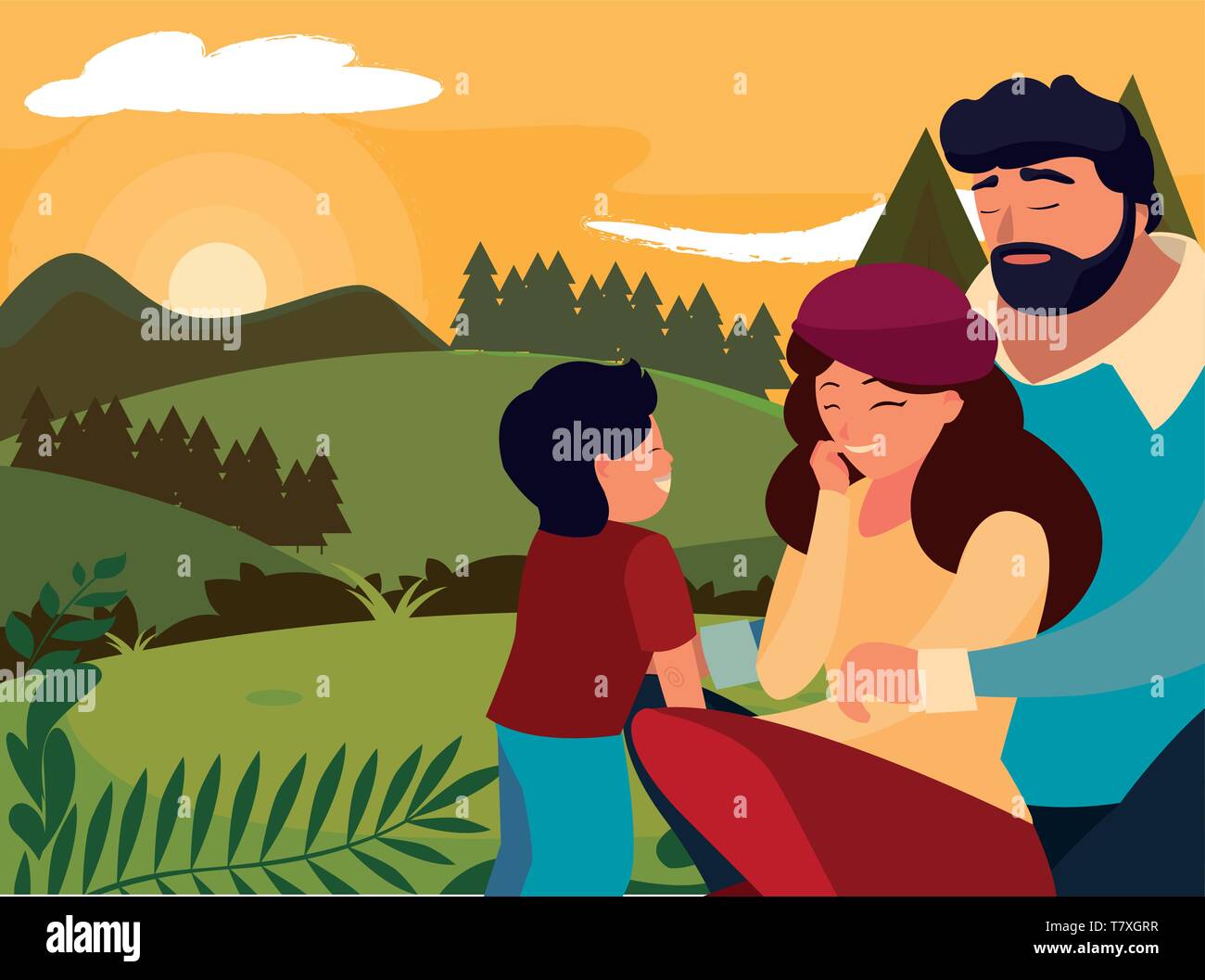 parents with children family in day landscape vector illustration ...