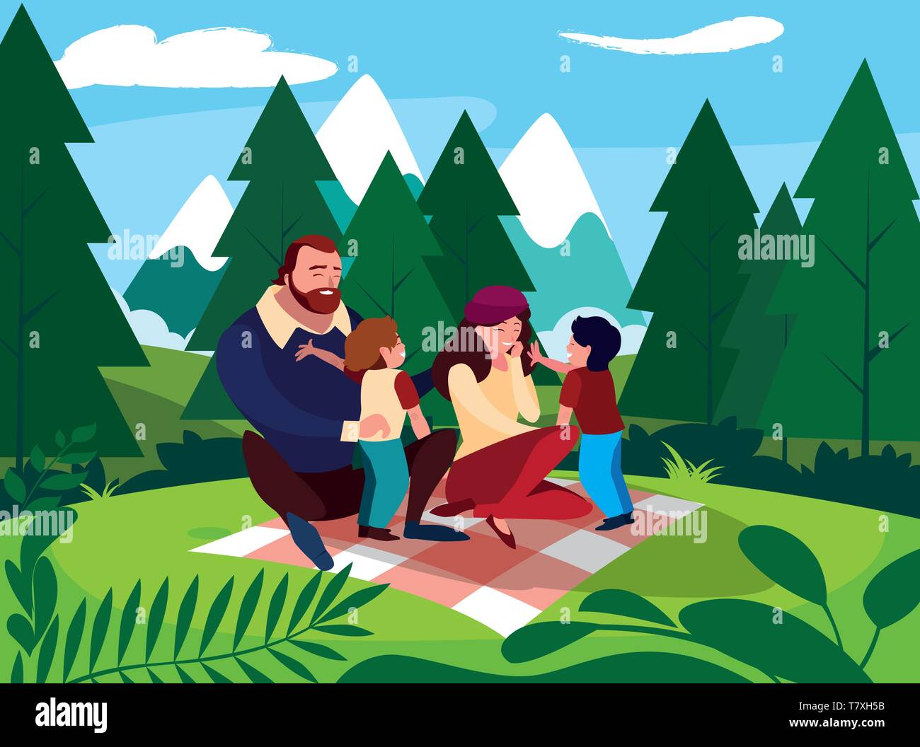 parents with children family in landscape natural vector illustration ...