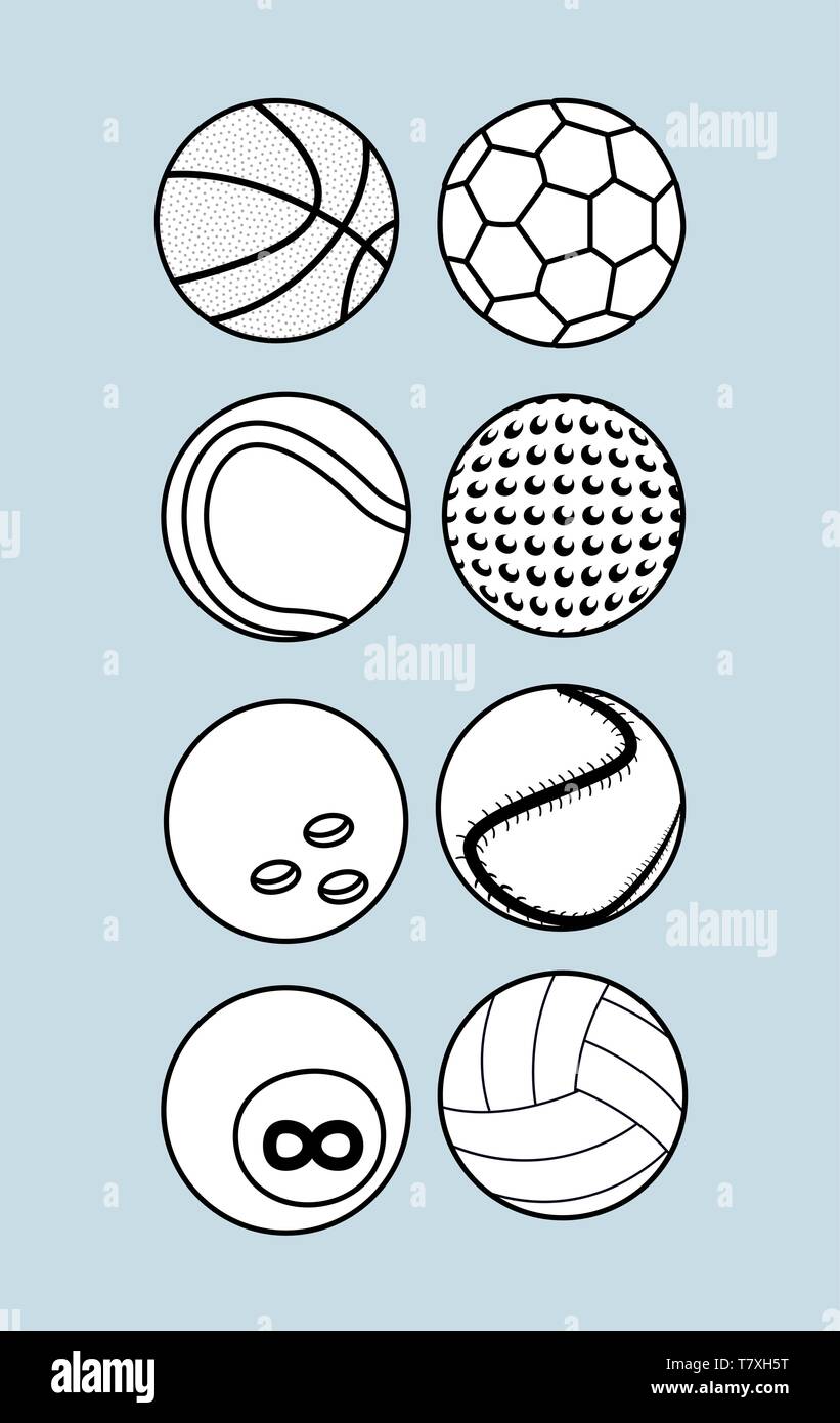 sport balls equipment set outline soccer basketball tennis golf bowling ...
