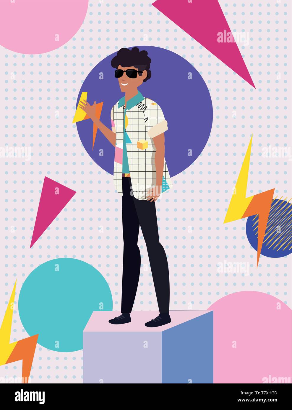 man character retro 80s style memphis background vector illustration ...