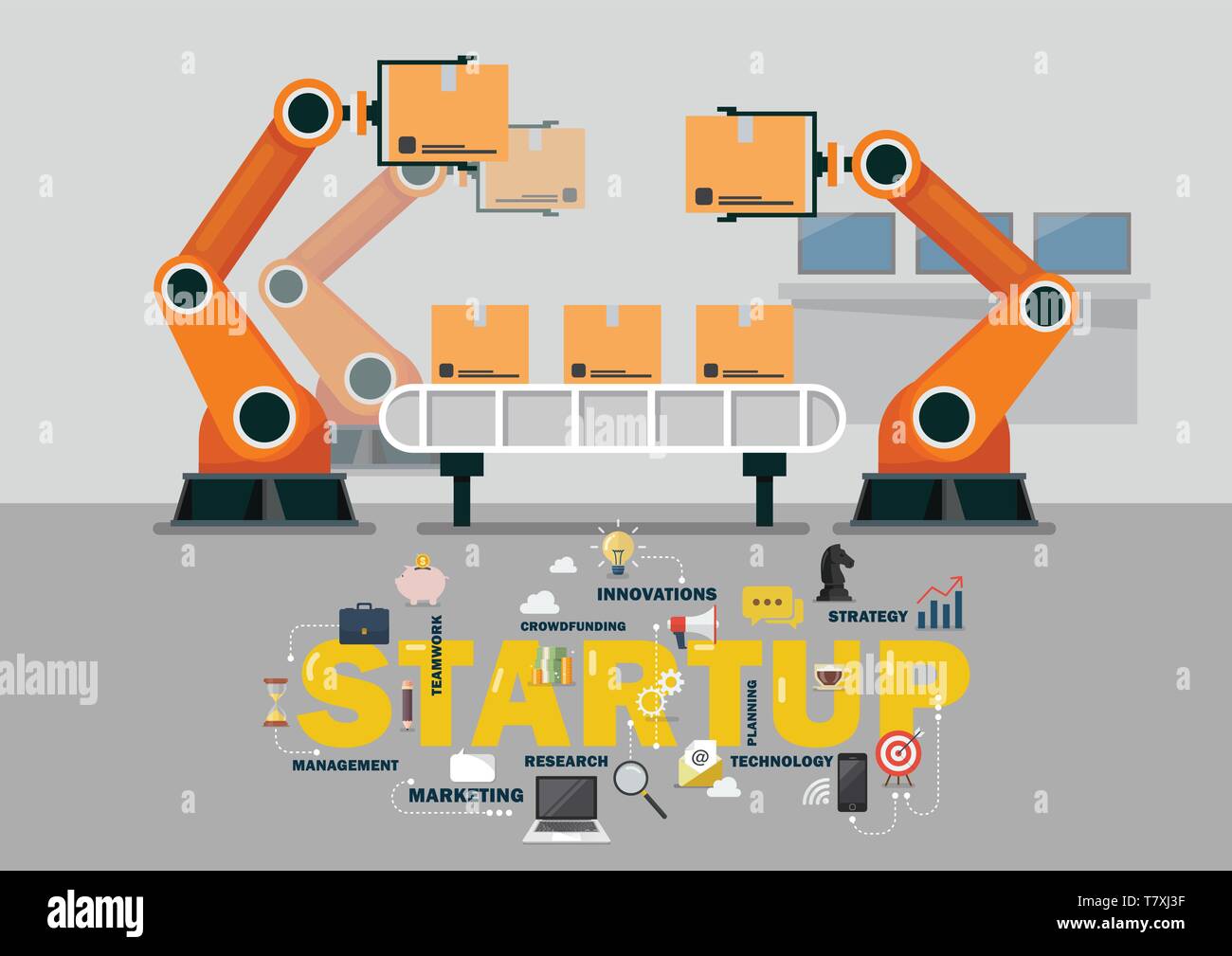 Automation robot arm machine in smart factory industrial. Startup ...