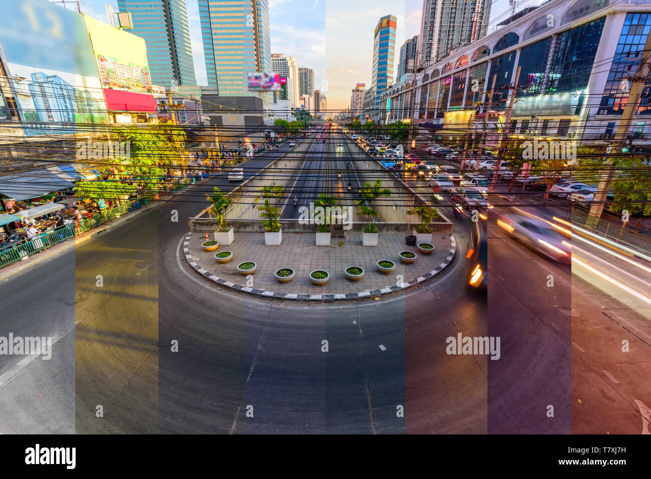 Different shade color of car traffic at u-turn street in Bangkok city ...